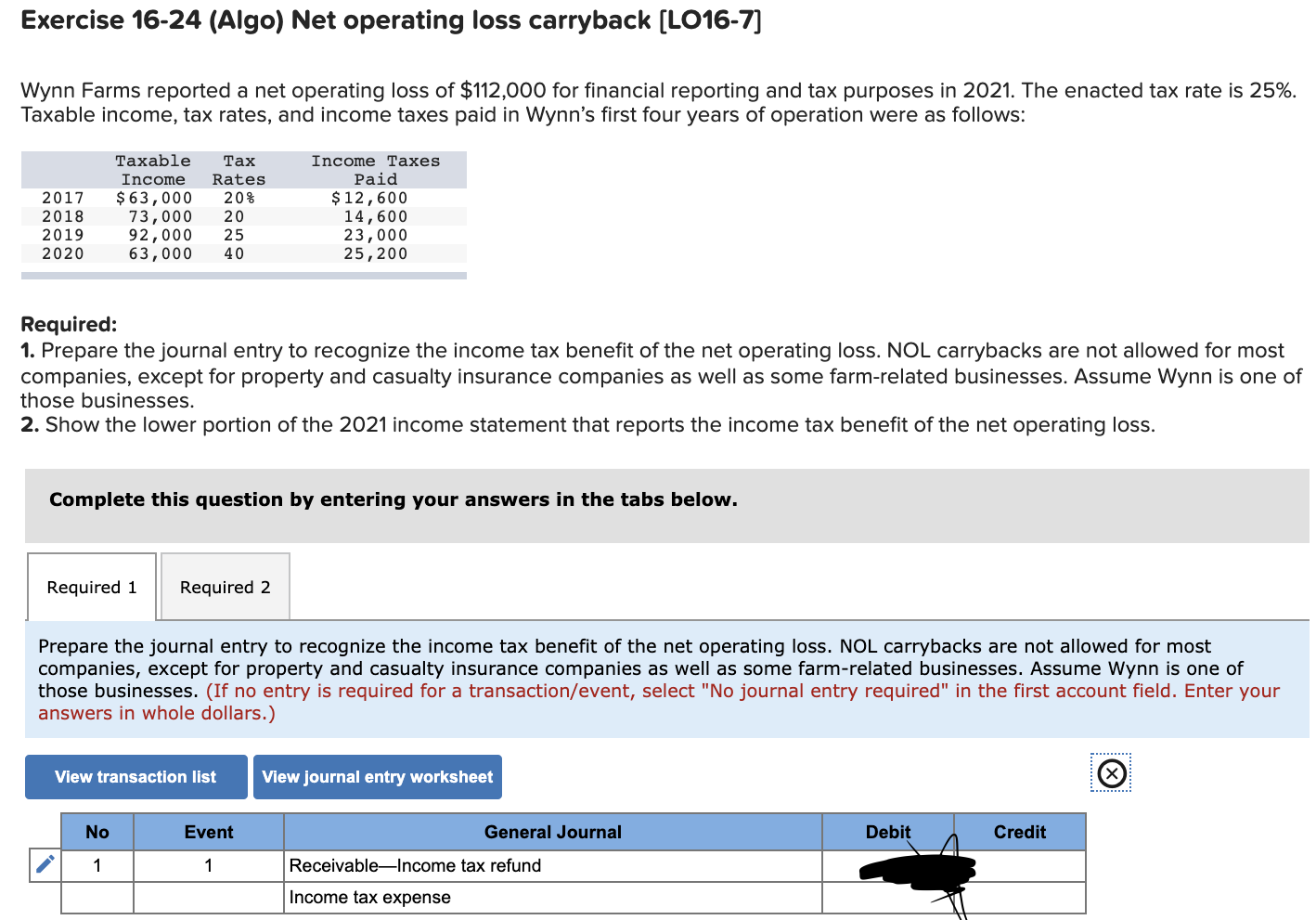Solved Exercise 16-24 (Algo) Net operating loss carryback | Chegg.com