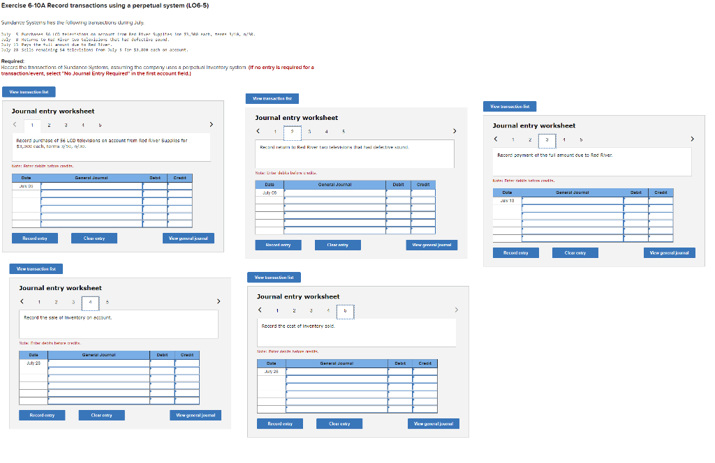 Exercise 6-10A Record transactions using a perpetual | Chegg.com