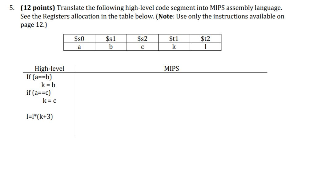 Solved 5. (12 points) Translate the following high-level | Chegg.com