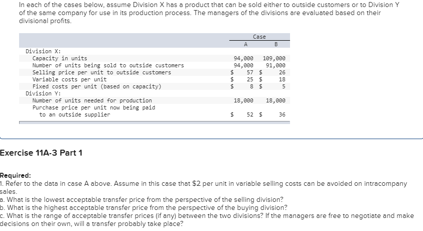 Solved In each of the cases below, assume Division X has a | Chegg.com