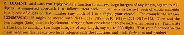 Solved 2. BIGINT add and multiply Write a function to add | Chegg.com