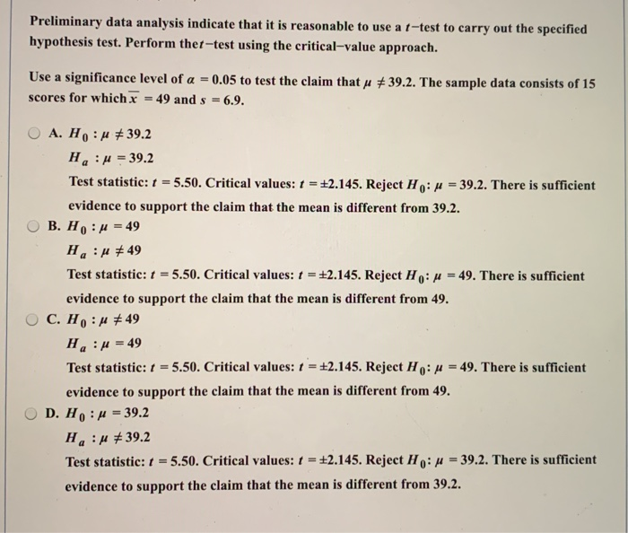Solved Pre liminary data analysis indicate that it is | Chegg.com