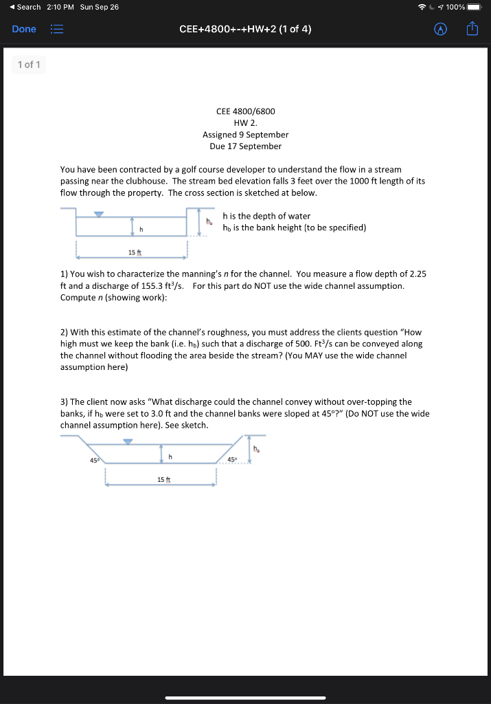 Solved Search 2:10 PM Sun Sep 26 4 100% Done CEE+4800+-+HW+2 | Chegg.com