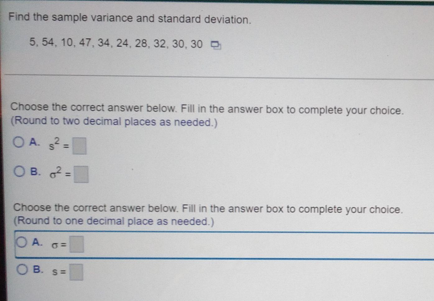 Solved Find the sample variance and standard deviation. | Chegg.com