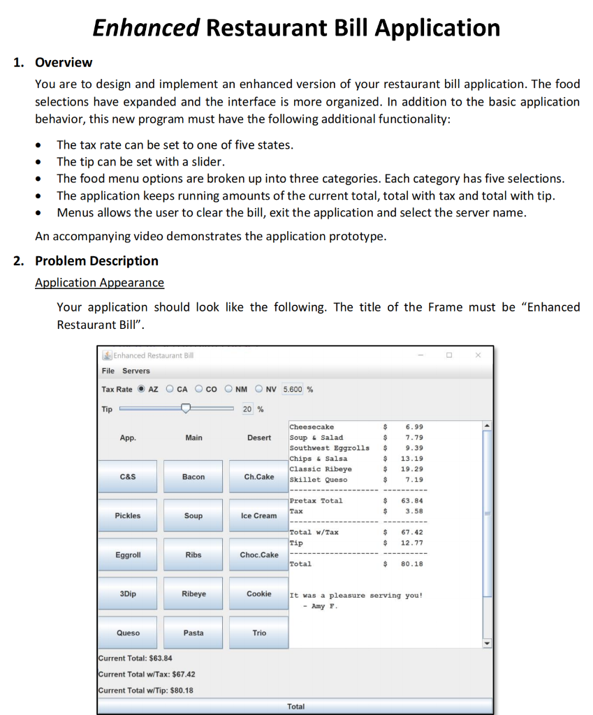 Solved Enhanced Restaurant Bill Application . . 1. Overview | Chegg.com