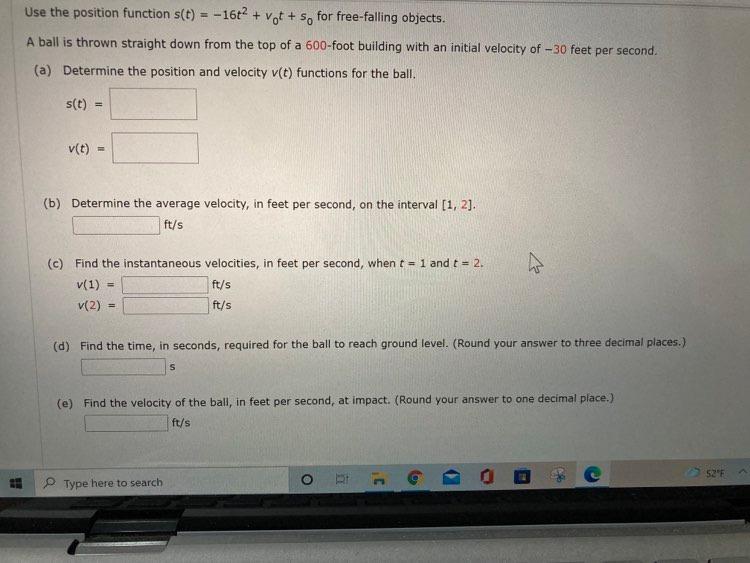 Solved Use the position function s(t) = -16t2 + vot + so for | Chegg.com