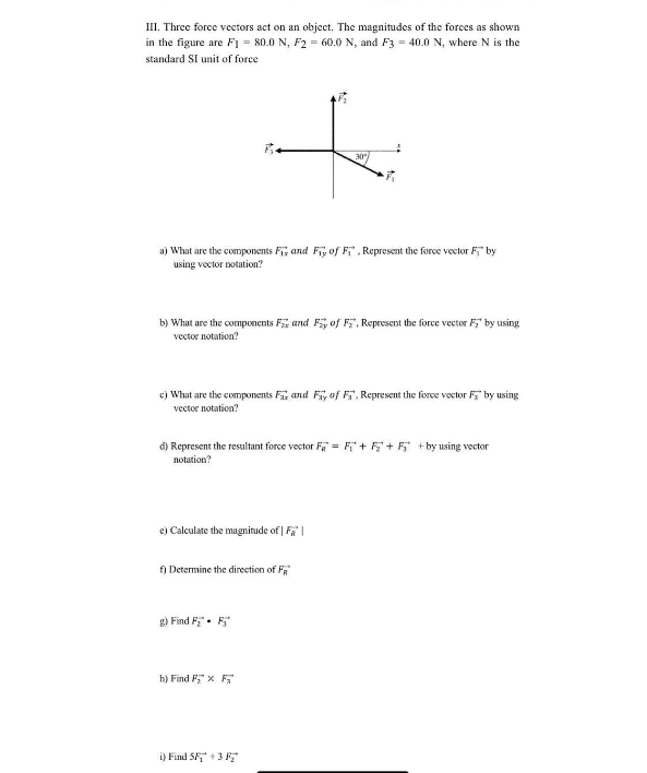 Solved III. Three force vectors act on an object. The | Chegg.com