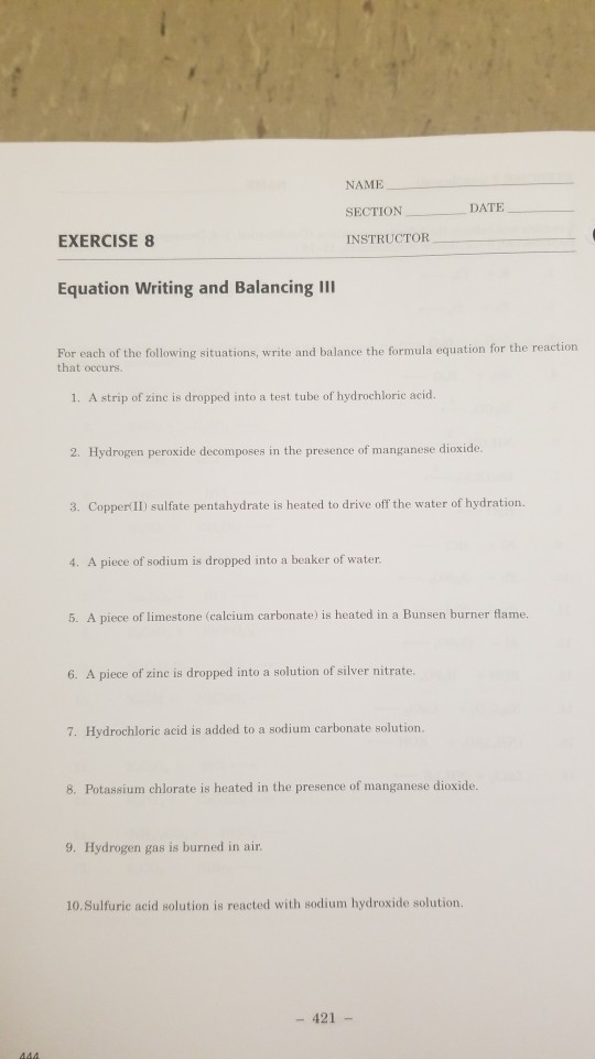 Solved NAME SECTION DATE EXERCISE 8 INSTRUCTOR Equation | Chegg.com