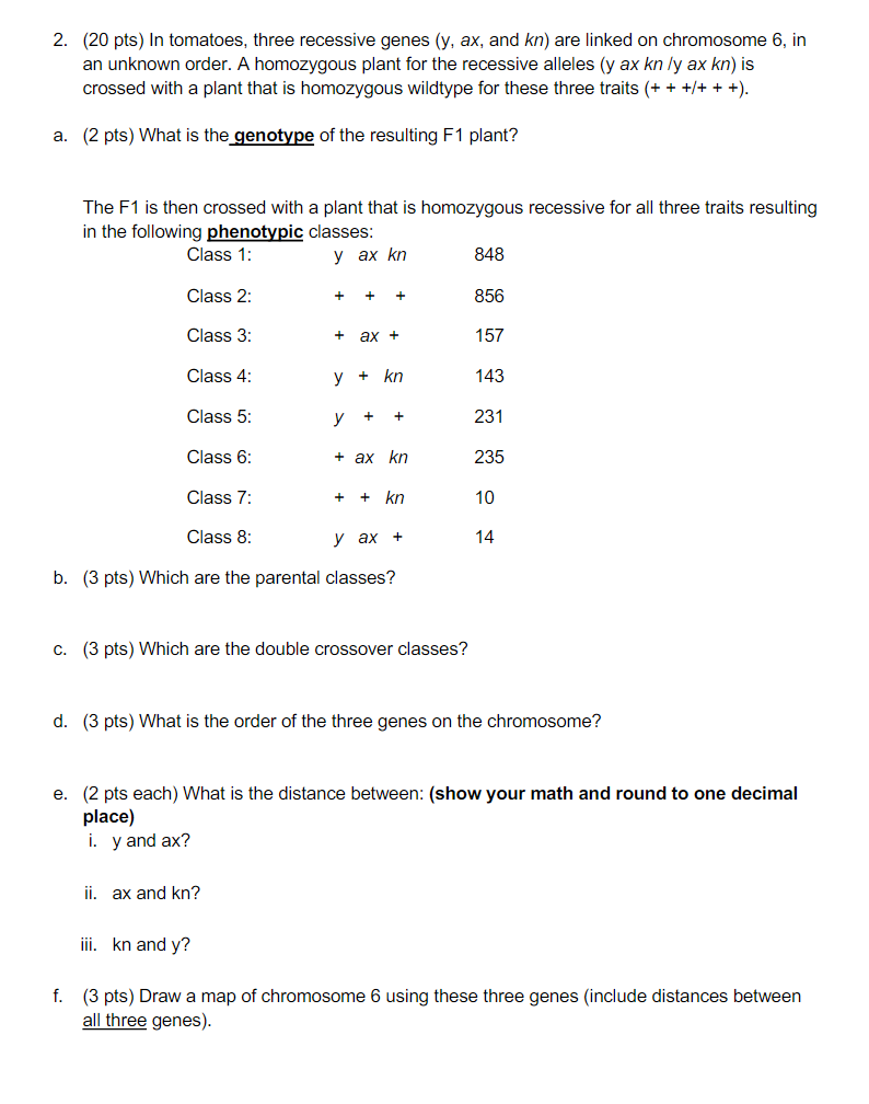 Solved 2. (20 pts) In tomatoes, three recessive genes ( | Chegg.com