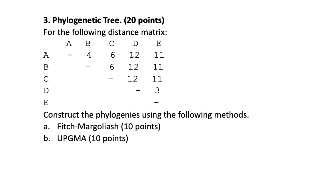 Solved 3. Phylogenetic Tree. (20 points) For the following | Chegg.com