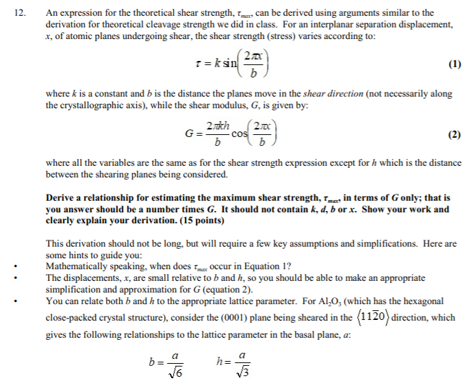 12. An expression for the theoretical shear strength, | Chegg.com