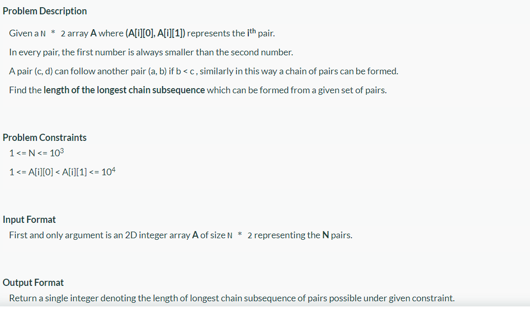Solved Problem Description Given a N * 2 array A where | Chegg.com
