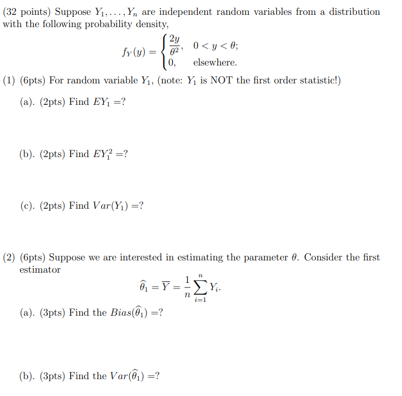 Solved (32 points) Suppose Y1,…,Yn are independent random | Chegg.com