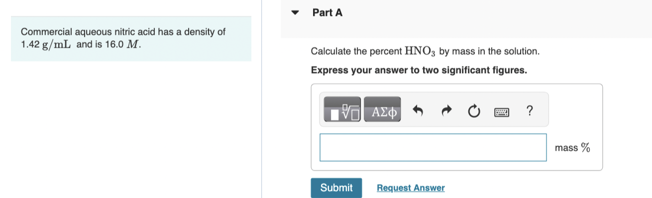 Solved Commercial aqueous nitric acid has a density of 1.42 | Chegg.com