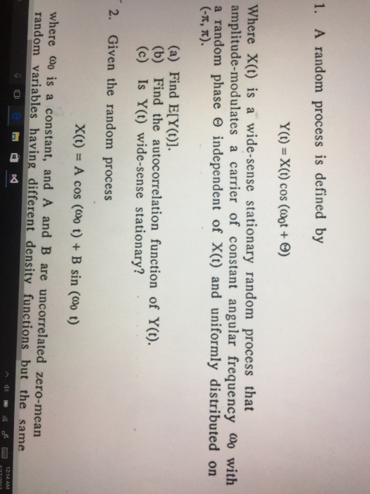 Solved A random process is defined by Y(t) = X(t) cos | Chegg.com
