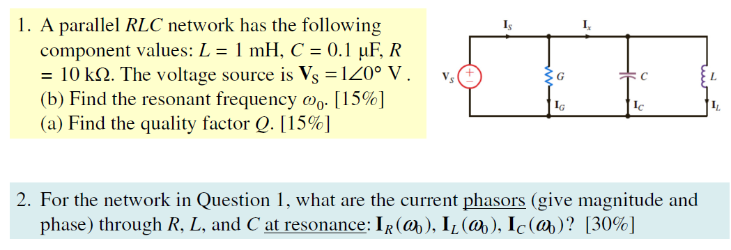Solved 1. A parallel RLC network has the following component | Chegg.com