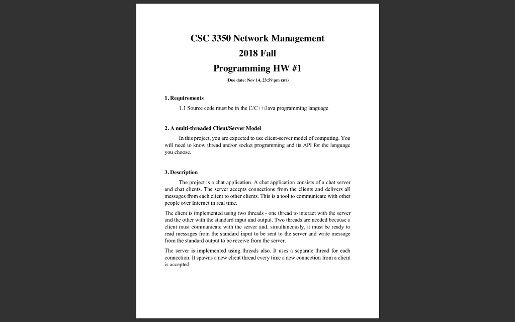 CSC 3350 Network Management 2018 Fall Programming HW | Chegg.com