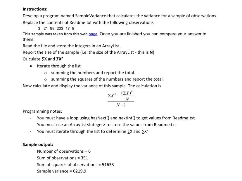 Solved Instructions: Develop a program named SampleVariance | Chegg.com