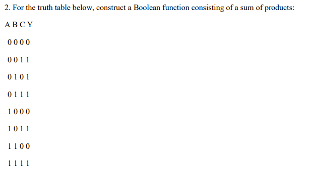 Solved 2. For the truth table below, construct a Boolean | Chegg.com