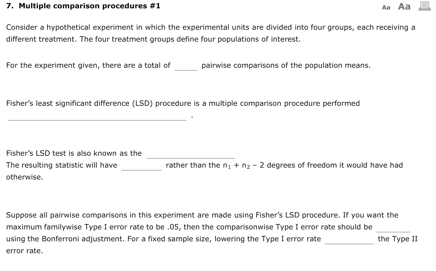 Solved 7. Multiple comparison procedures #1 Aa Aa Consider a | Chegg.com