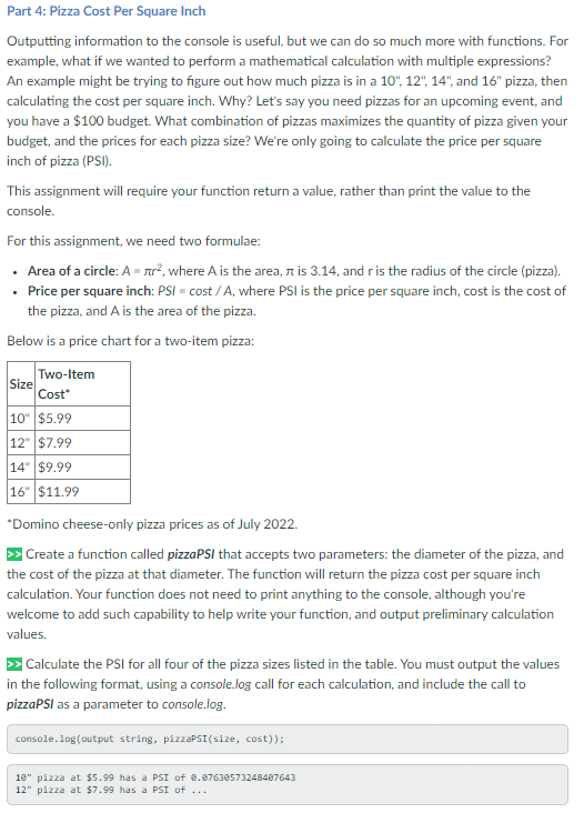 Solved Part 4: Pizza Cost Per Square Inch Outputting | Chegg.com