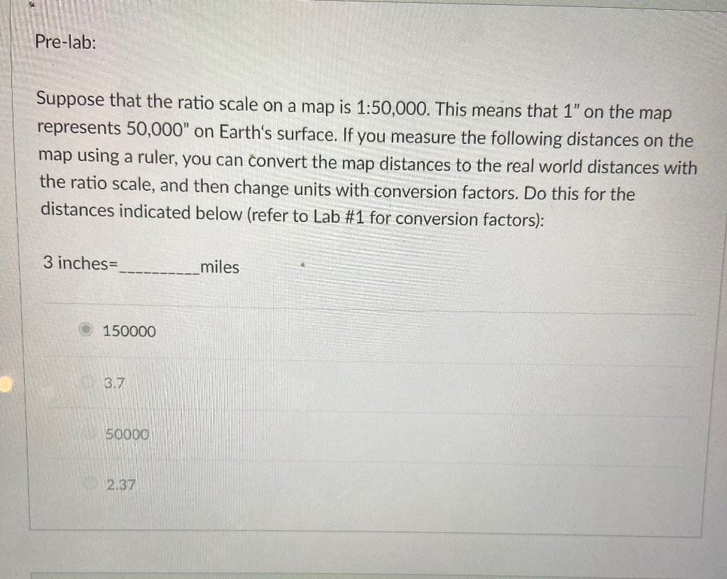 Solved Pre-lab: Suppose that the ratio scale on a map is | Chegg.com