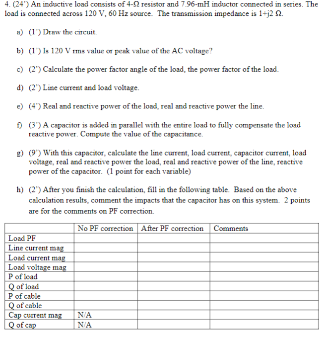 Solved 4. (24) An inductive load consists of 4−Ω resistor | Chegg.com