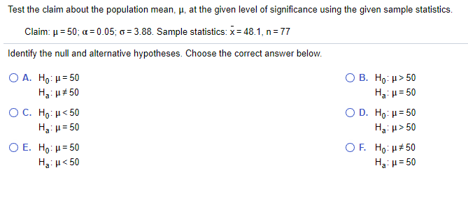 Solved Test the claim about the population mean, p, at the | Chegg.com