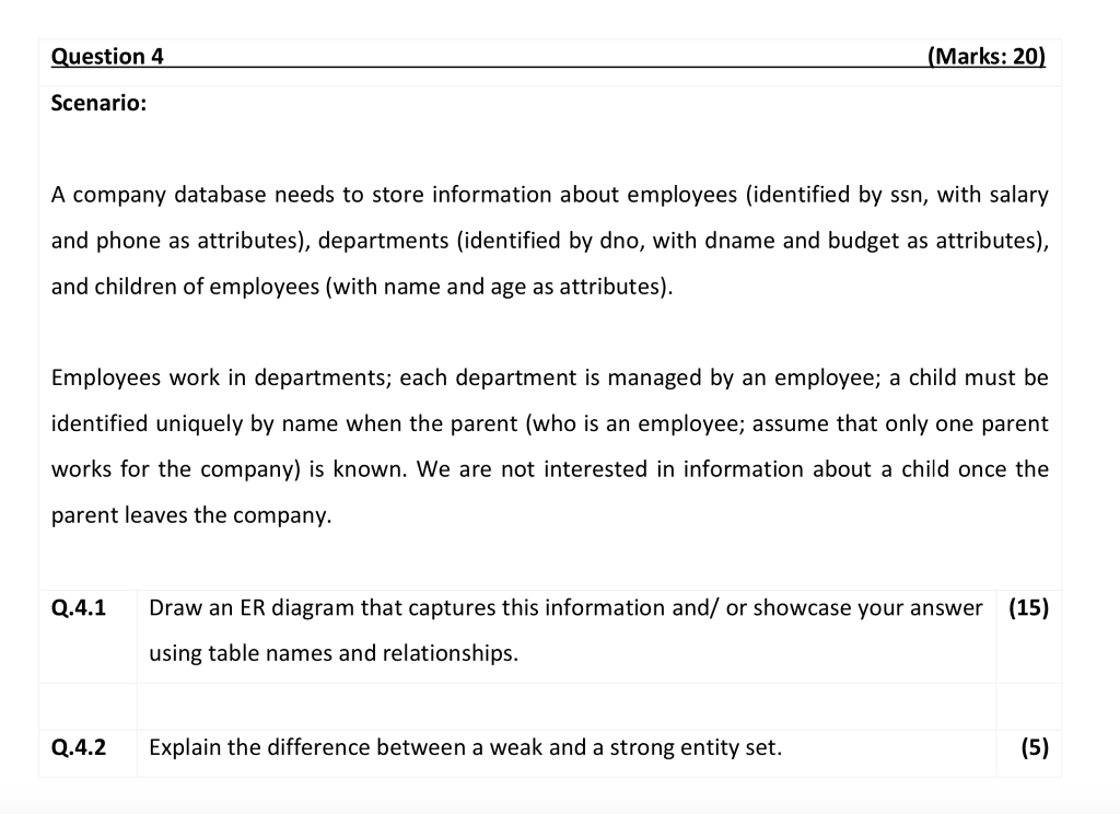 Question 4 (Marks: 20) Scenario: A company database | Chegg.com