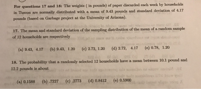 Solved For questions 17 and 18: The weights ( in pounds) of | Chegg.com