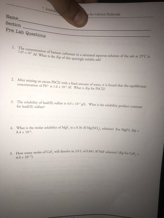 Solved 7. Solubil for Calcium Hydroxide Name Section Pre Lab | Chegg.com