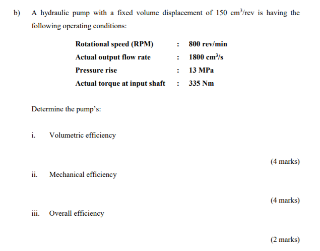 Solved b) A hydraulic pump with a fixed volume displacement | Chegg.com