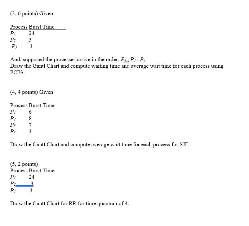 Solved (3, 6 points) Given: Process Burst Time Pi 24 P2 3 P3 | Chegg.com