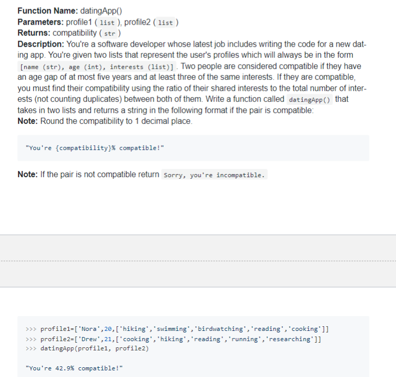 Solved Function Name Datingapp Parameters Profile1 
