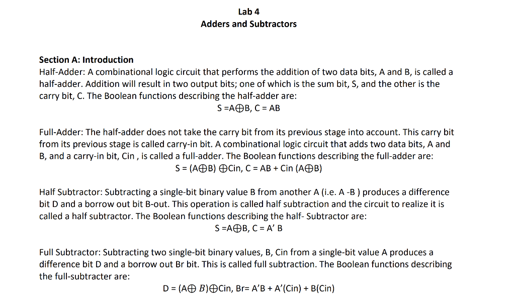Lab 4 Adders and Subtractors Section A: Introduction | Chegg.com