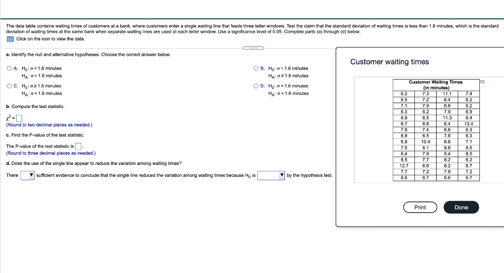 Solved The data table contains waiting times of customers at | Chegg.com