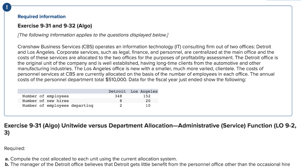 Solved Required information Exercise 9-31 and 9-32 (Algo) | Chegg.com
