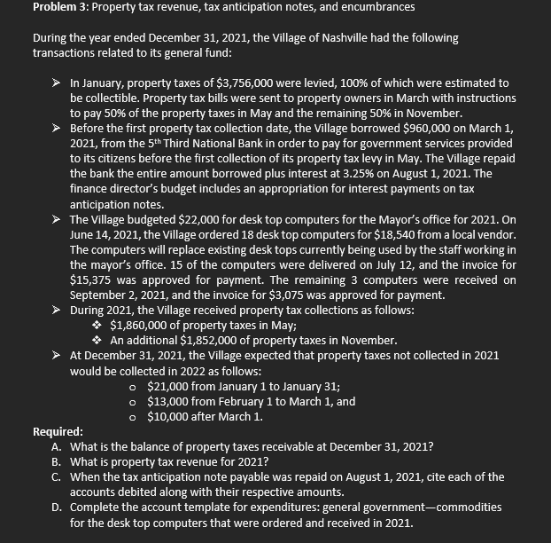 Problem 3: Property tax revenue, tax anticipation | Chegg.com