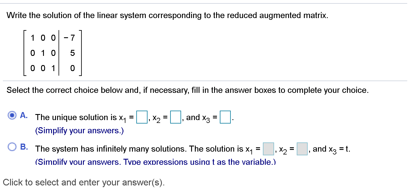 Solved Write the solution of the linear system corresponding | Chegg.com