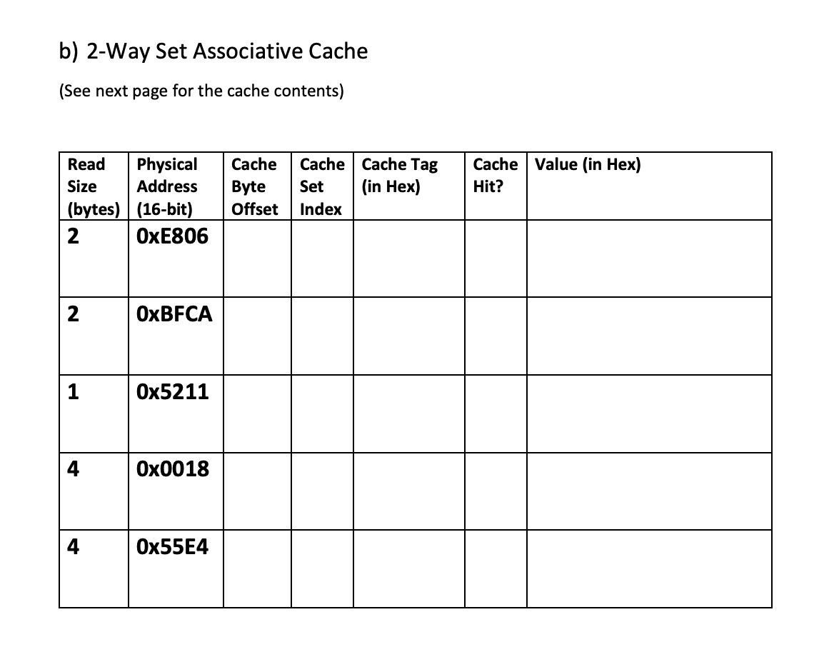 Solved b) 2-Way Set Associative Cache (See next page for the | Chegg.com