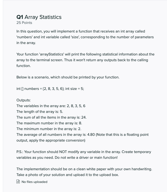 Solved Q1 Array Statistics 25 Points In this question, you | Chegg.com