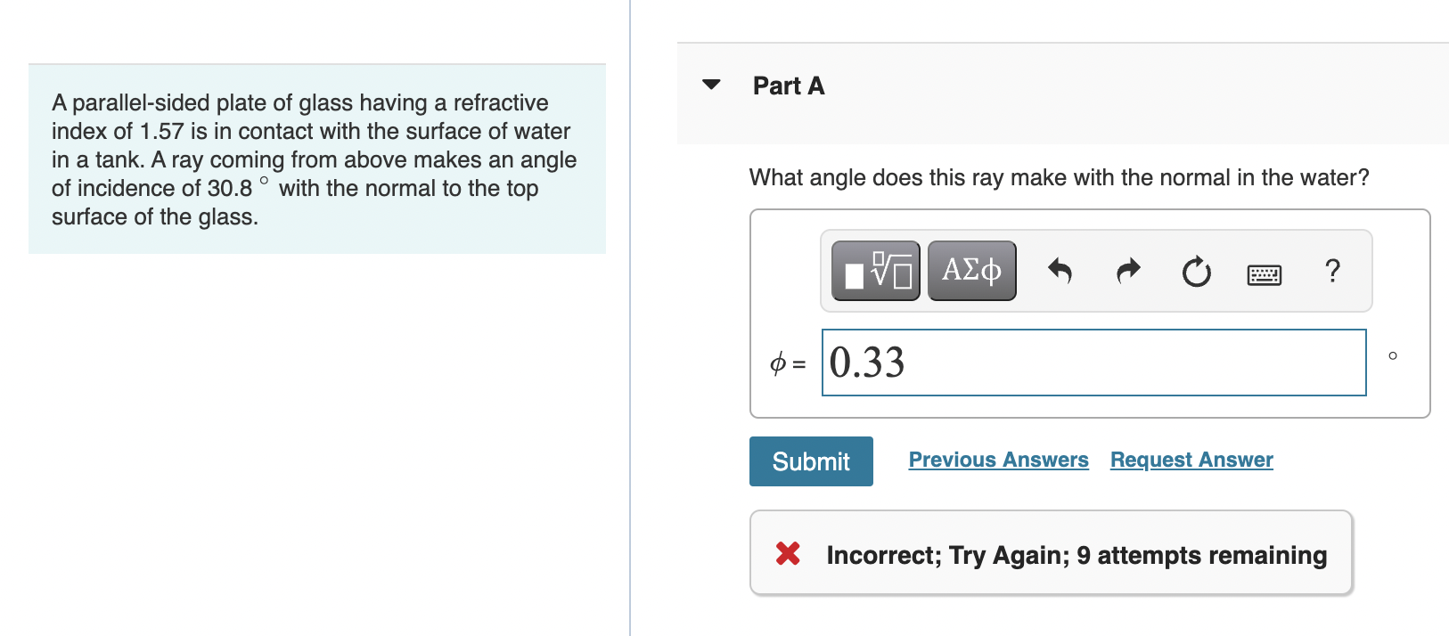 Solved A parallel-sided plate of glass having a refractive | Chegg.com
