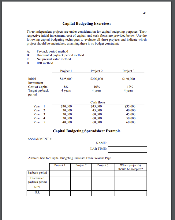 Solved Capital Budgeting Exercises: Three independent | Chegg.com