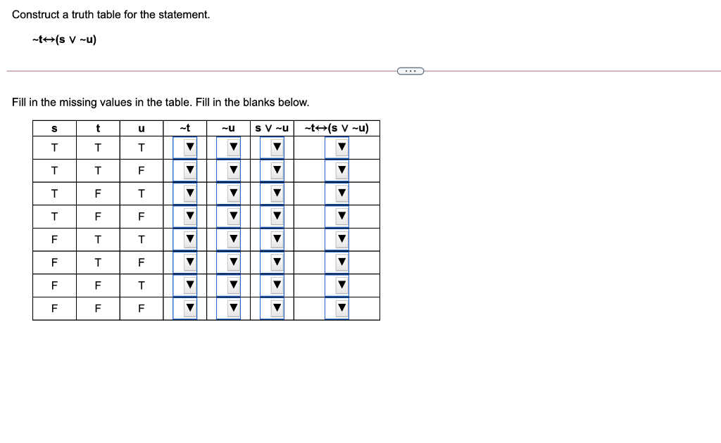 Solved Construct a truth table for the statement. -t(s V-u) | Chegg.com