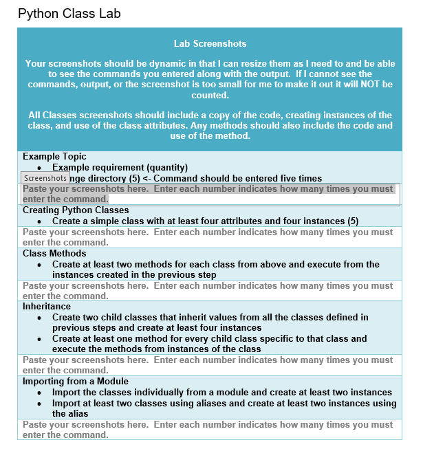 Solved Python Class Lab Lab Screenshots Your screenshots | Chegg.com