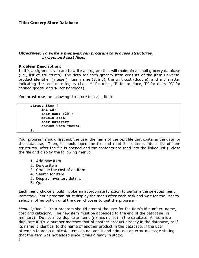 Solved Title: Grocery Store Database Objectives: To write a | Chegg.com