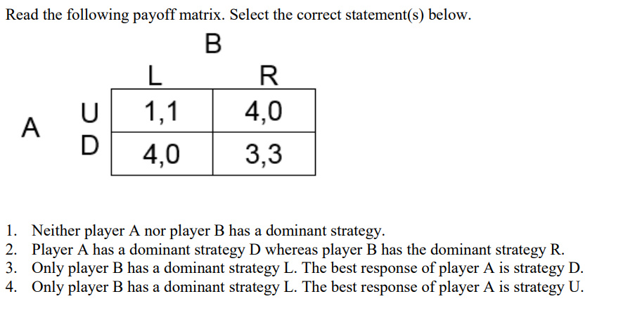 Solved Read the following payoff matrix. Select the correct | Chegg.com