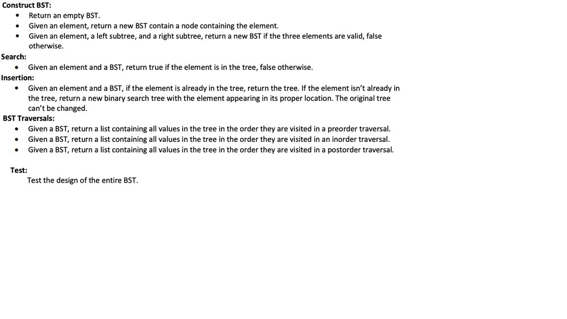 Solved Construct BST: Return an empty BST. Given an element, | Chegg.com