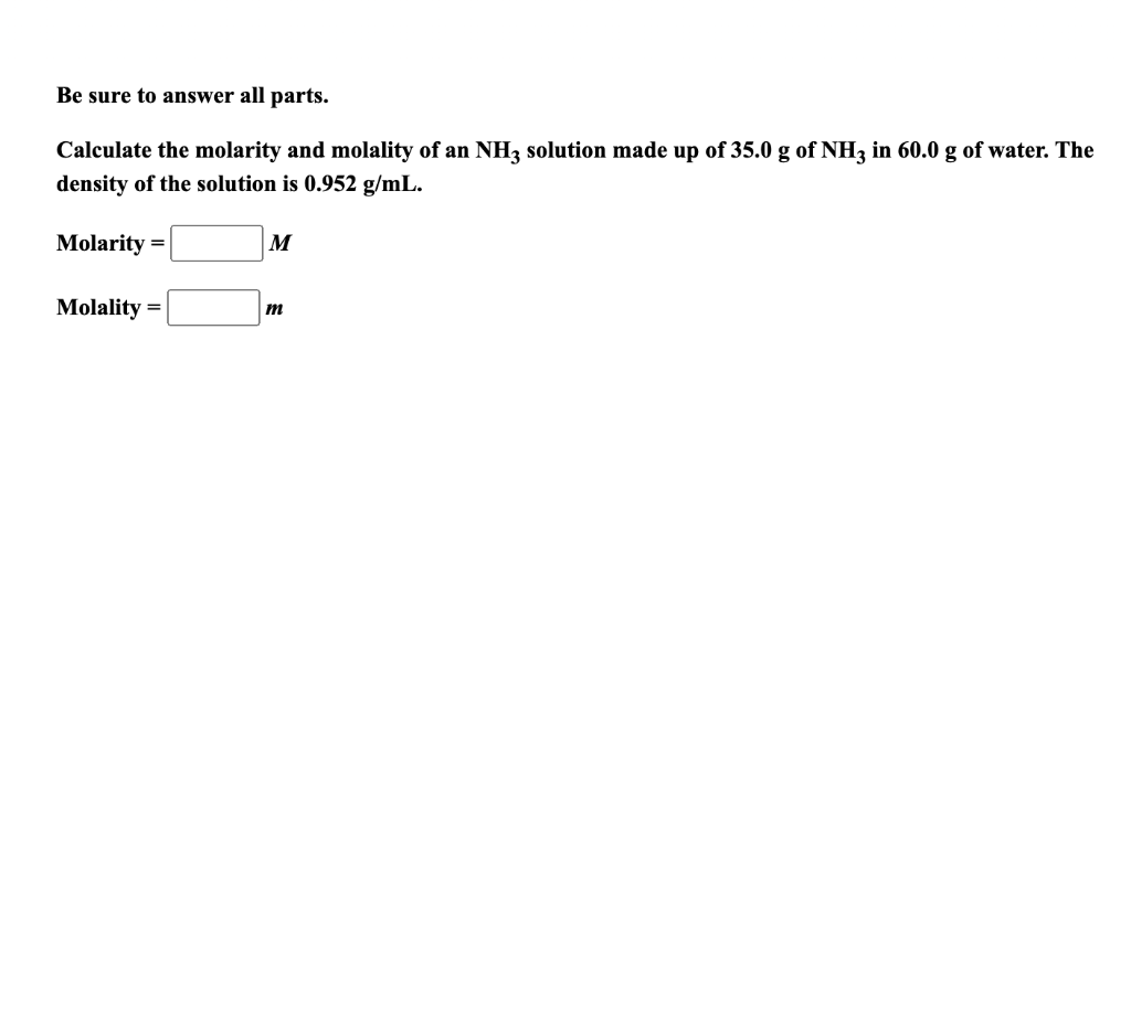 Solved Be sure to answer all parts. Calculate the molarity | Chegg.com