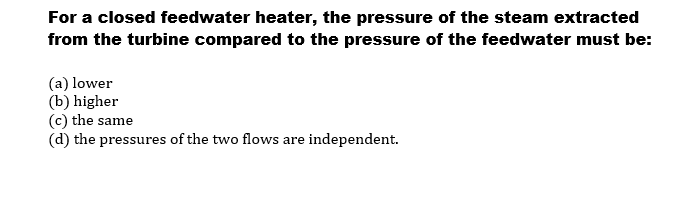 Solved For a closed feedwater heater, the pressure of the | Chegg.com